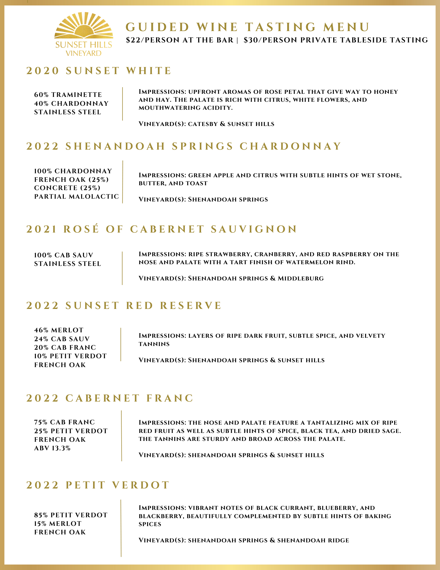 Sunset Hills Vineyard - Menus - Wine Tasting Menus