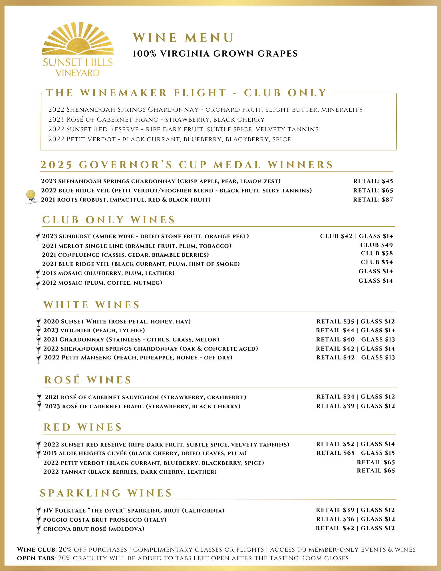 Sunset Hills Vineyard - Menus - Wine Menu